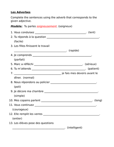 Adverbes (French Adverbs) Worksheet 2 | Teaching Resources