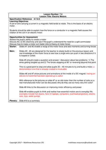 GCSE Science / Physics / (AQA P7) Electric Motors (Lesson plan ...