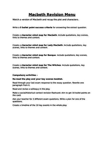 Macbeth Revision Menu | Teaching Resources