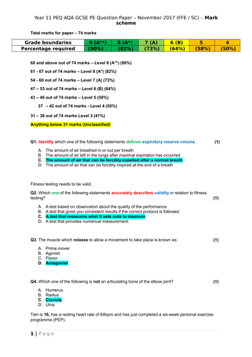 AQA GCSE PE - Paper 1 year 11 PEQ (Mock) question paper, mark scheme ...