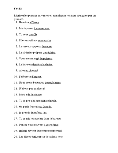 Pronoms compléments Y et EN French Pronouns Worksheet 3 | Teaching ...