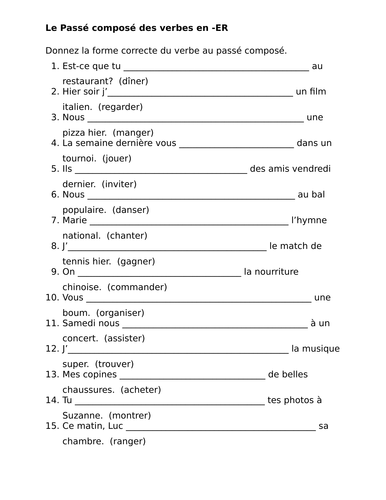 Passé Composé ER French verbs Worksheet 1 | Teaching Resources