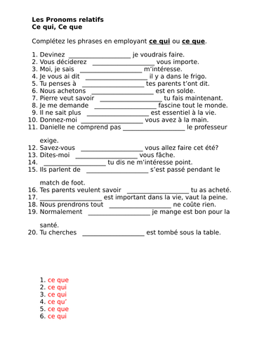 Pronoms relatifs (French Relative pronouns) Ce qui et Ce que worksheet ...