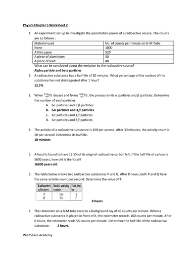 Types of Nuclear Radiation and Half Life Calculation Worksheets and ...