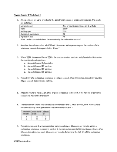 Types of Nuclear Radiation and Half Life Calculation Worksheets and ...