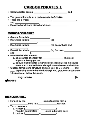 Carbohydrates notes | Teaching Resources