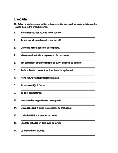 L'imparfait - French grammar quiz or worksheet - Imperfect Tense ...
