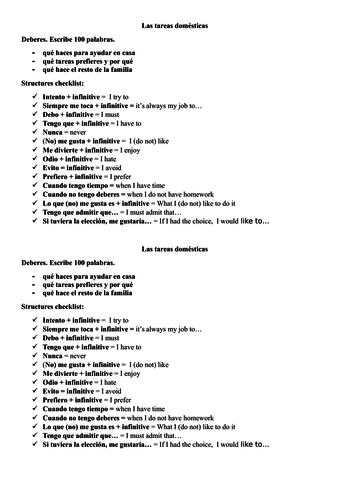 Spanish las tareas domésticas _ household chores _ reading writing ...