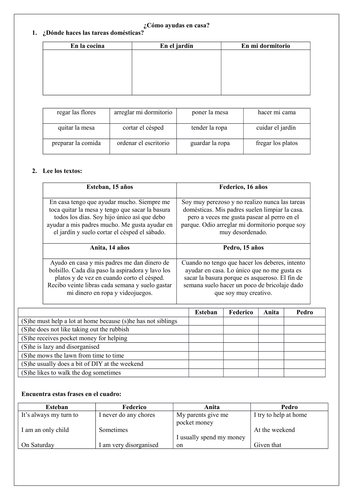 Spanish las tareas domésticas _ household chores _ reading writing ...
