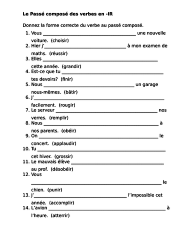 Passé Composé IR French verbs worksheet | Teaching Resources