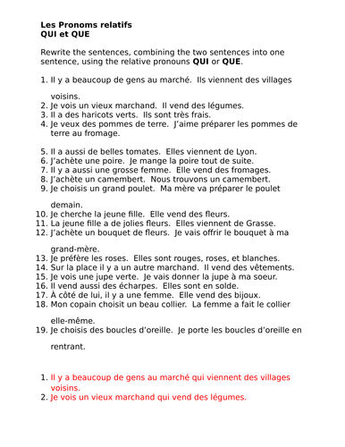 Pronoms relatifs (French Relative Pronouns) Qui et Que worksheet 3 ...