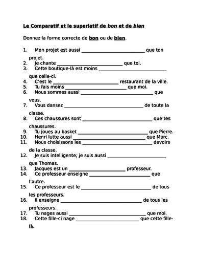 Comparatif et Superlatif de bon et de bien French worksheet | Teaching ...