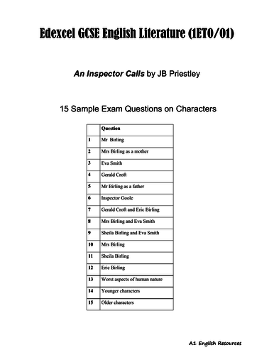 An Inspector Calls Exam Questions Edexcel Characters | Teaching Resources An Inspector Calls Exam Questions Edexcel Characters | Teaching Resources