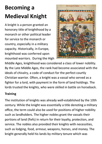Becoming a Medieval Knight Handout | Teaching Resources