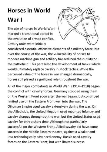 Horses in World War I Handout | Teaching Resources