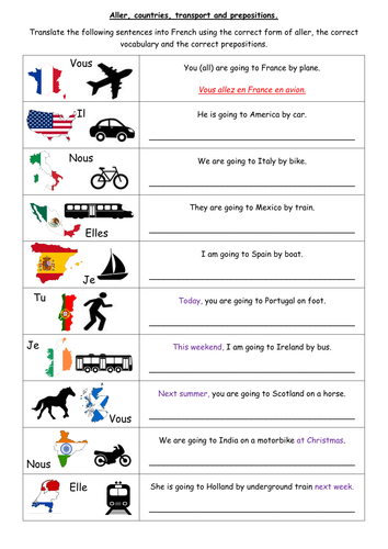 French Aller, Countries and Transport : Worksheet | Teaching Resources