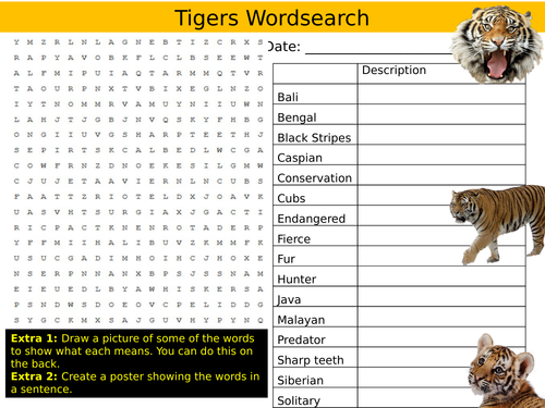 The Tiger Wordsearch Animal Wildlife Nature Starter Settler Activity ...