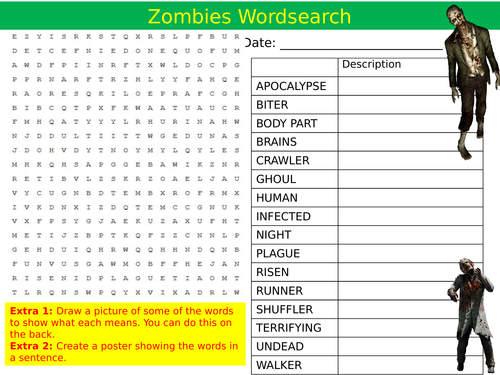 Zombies Wordsearch Myths Legends Halloween Starter Settler Activity ...