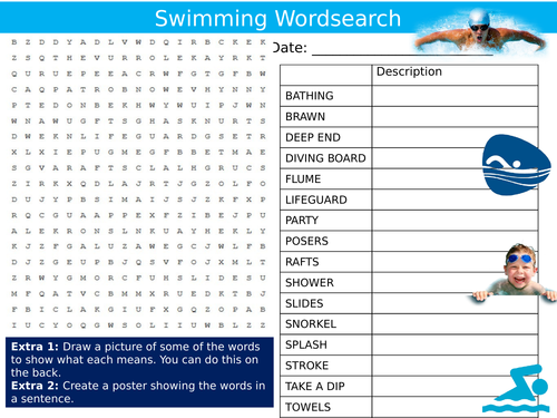 Swimming Wordsearch PE Sports Starter Settler Activity Homework Cover ...