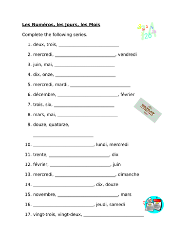 Numéros, Jours, Mois (Numbers, Days, Months in French) worksheet ...