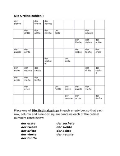 Zahlen (Ordinal Numbers in German) Sudoku | Teaching Resources