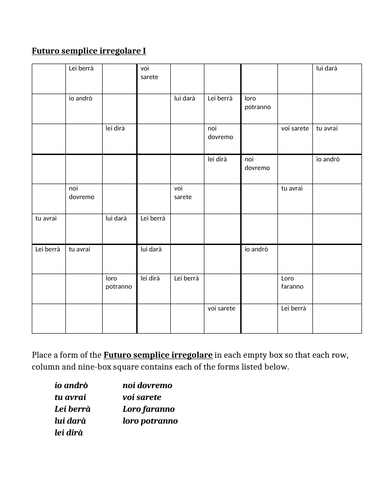 Futuro semplice (Future in Italian) Irregular Verbs Sudoku | Teaching ...