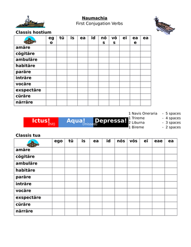 First Conjugation Latin Verbs Naumachia Battleship | Teaching Resources