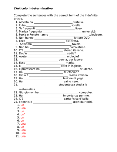 Articolo indeterminativo (Indefinite Article in Italian) Worksheet ...