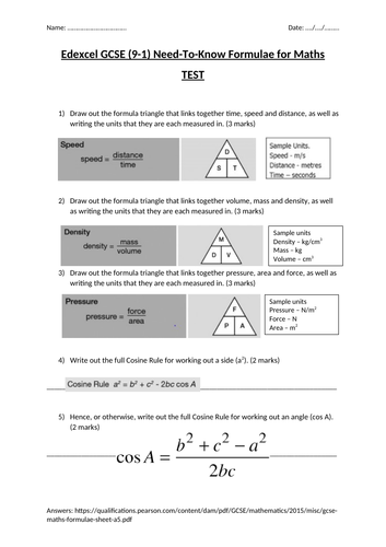 9-1 Maths Formula Knowledge Test UPDATED | Teaching Resources
