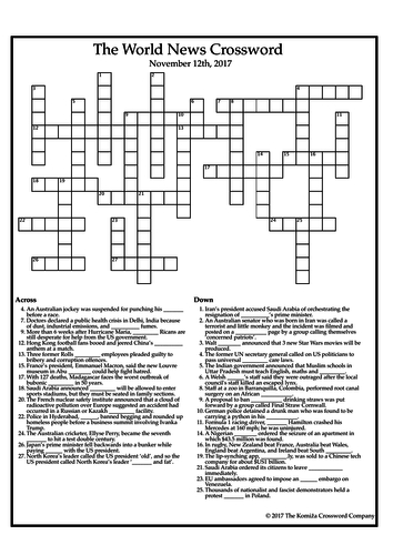 The World News Crossword (November 12th, 2017) | Teaching Resources