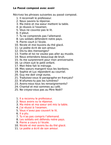 Passé Composé avec avoir Regular and Irregular French Worksheet 6 ...