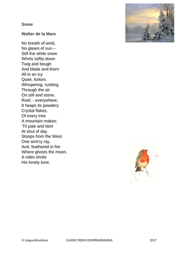 CLASSIC WINTER POEM COMPREHENSION. SNOW WALTER DE LA MARE WITH ANSWERS ...