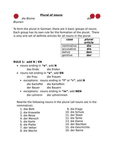 Plural of Nouns in German Packet | Teaching Resources
