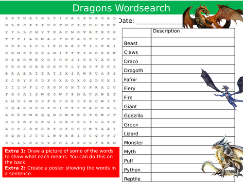 Dragons Wordsearch Animals Myths Legends Starter Settler Activity ...