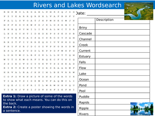 Rivers and Lakes Wordsearch Geography Starter Settler Activity Homework ...