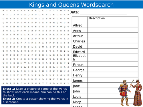 Kings and Queens Wordsearch History Starter Settler Activity Homework ...