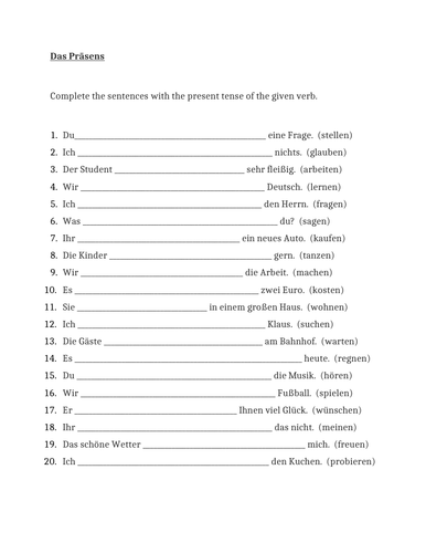 Präsens (Regular Present tense in German) Worksheet 2 | Teaching Resources