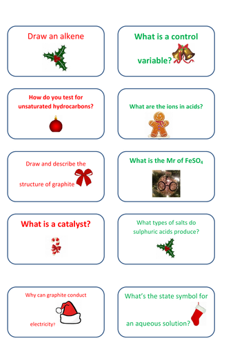 Xmas chemistry revision cards | Teaching Resources