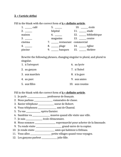 Contractions with À + Definite Article in French Worksheet 2 | Teaching ...