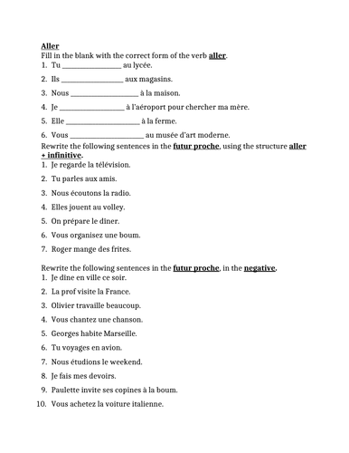 Aller and Aller + Infinitive Futur proche in French Worksheet 2 ...