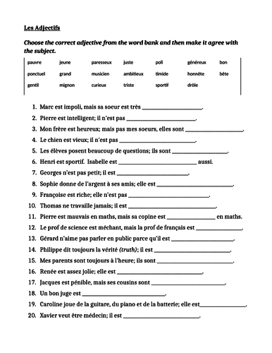 Adjectifs (French Adjectives) Worksheet 2 | Teaching Resources