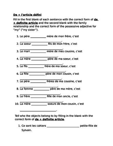 Contractions with DE + Definite Article in French Worksheet 3 ...
