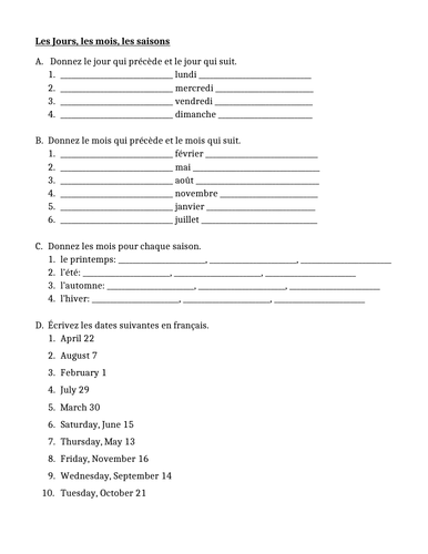 Jours, Mois, Saisons (Days Months Seasons in French) Worksheet ...