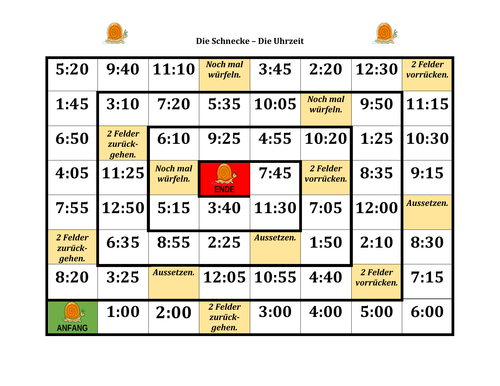 Uhrzeit (Time in German) Schnecke Snail Game | Teaching Resources