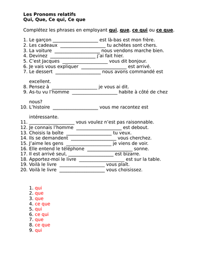 Pronoms relatifs (French Relative pronouns) Qui, Que, Ce qui, Ce que ...