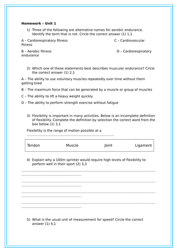 Btec Sport. Homework sheet components of fitness | Teaching Resources