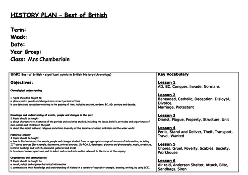 History Planning - Best of British Unit of Work (6 lesson - 3 way ...