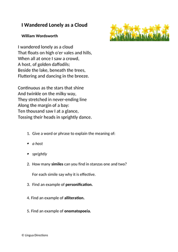 DAFFODILS POEM COMPREHENSION. I WANDERED LONELY AS A CLOUD WORDSWORTH ...