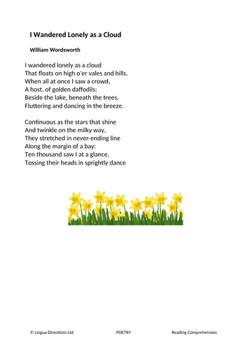 DAFFODILS POEM COMPREHENSION. I WANDERED LONELY AS A CLOUD WORDSWORTH ...