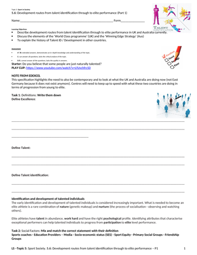 A-Level PE EDEXCEL (spec 2016) 5.6. Talent I.D: Part 1 | Teaching Resources